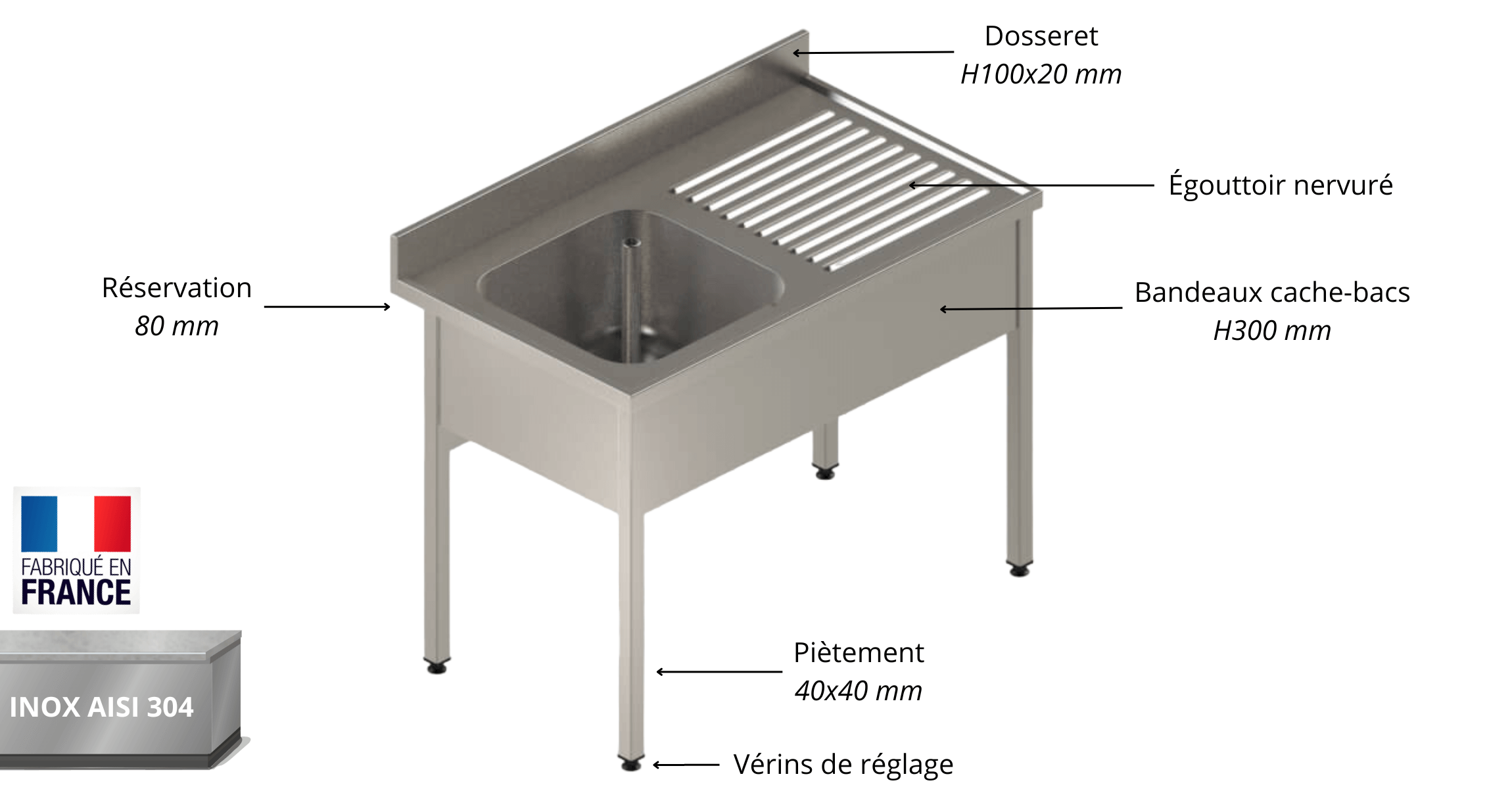 Plonge 1 bac avec égouttoir à droite profondeur 700mm